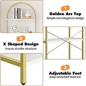 Bookshelf 5 Tier Bookcase Arched Display Racks Tall Standing Bookshelves Mental Frame Modern Storage Rack Gold Vintage Rectangular Wood Finish Solid