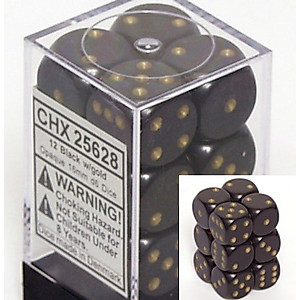 Black with Gold pips Opaque Dice 16mm D6 Set of 12