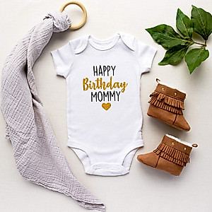Organic GOTS Certified Baby Onesie Unisex Bodysuit 0-18 months - Happy Birthday | Present Gift (Gold - Happy Birthday Mommy, 0-3 Months)