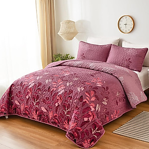 WONGS BEDDING Red Floral Quilt Set King Size,3 Pieces Botancal Leaves Bedspread Coverlet Set with 2 Pillowcases for All Season, Soft Microfiber Floral Bedding Set 104"×90"