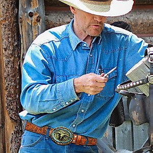 RechicGu Mens Western Leather Buckle Belt, Bull Head Engraved Brown Cowboy Concho Belts With Long Horn Bull Buckles, 1-1/2 Inch Wide S Gold