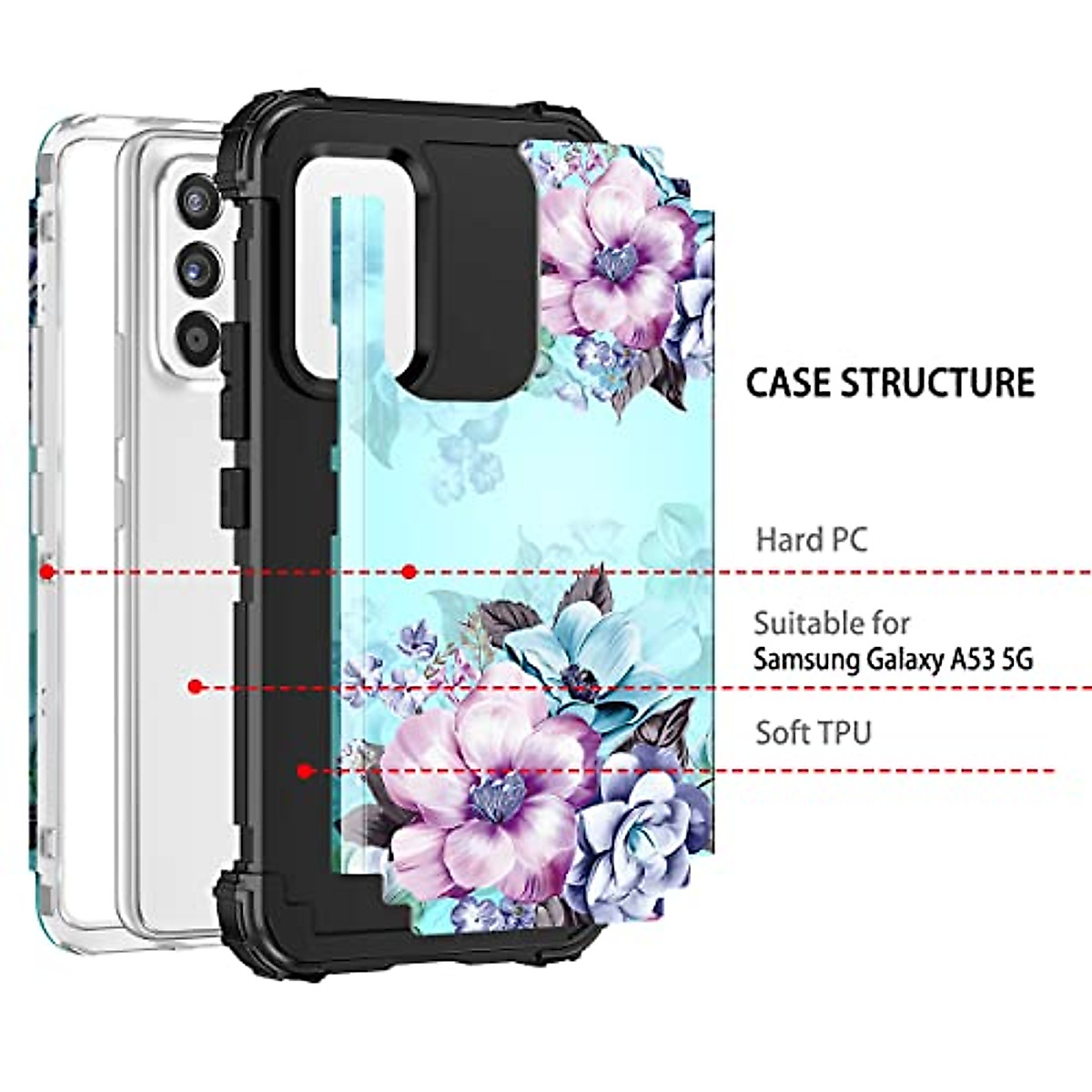 Casetego Compatible with Galaxy A53 5G Case,Floral Three Layer Heavy Duty Sturdy Shockproof Full Body Protective Cover Case for Samsung Galaxy A53 5G,Blue Flower