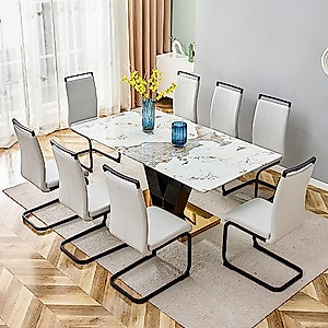 78’’ Modern Glass Dining Table for 8, Large Rectangular Dining Room Table with V-Shaped Bracket and Metal Base, Minimalist Kitchen Table for Restaurant, Meeting Room, Marble-Inspired Glass Desktop