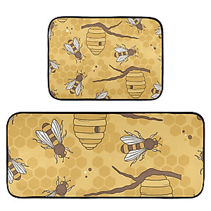 ALAZA Bee on Yellow Background Kitchen Rug Set, 2 Piece Set, Non-Slip Floor Mat for Living Room Bedroom Dorm Home Decor, 19.7 x 27.6 Inch + 19.7 x 47.2 Inch