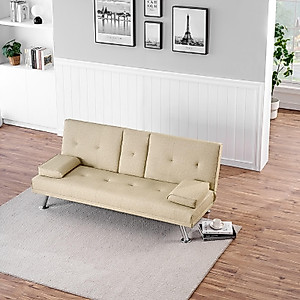 Daesar 67" Beige Leather Multifunctional Double Folding Sofa Bed for Office with Coffee Table