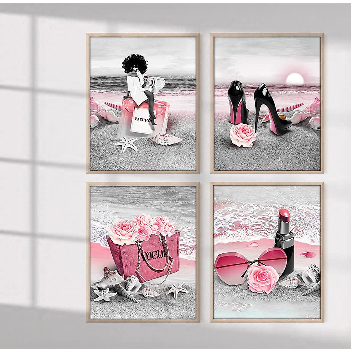 African American Wall Art Black Girl on The Beach Pink Flowers, Perfume Handbags High Heels Modern Black and White Canvas Prints Framed Wall Decor for Girls Bedroom, Set of 4. 8x10in UNFRAMED
