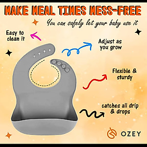 OZEY Silicone Baby Feeding Set: 100% Food Grade Baby Bib, Toddler Suction Plates and Bowls Set, Spoon, Fork, Cup, Straw-Baby Led Weaning Supplies (Grey), Small, Gray, 12232