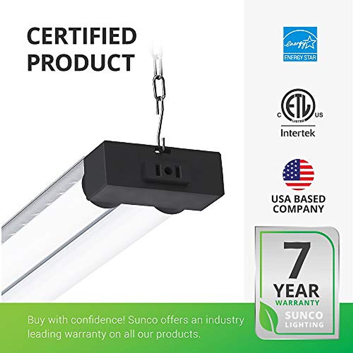 Sunco LED Workshop Black Garage Shop Light 4FT, Plug in Linkable Utility Light Fixtures, 260W=40W, 5000K Daylight, Frosted Lens, Pull Chain, Hanging/Mounted, 4100 LM - ETL Energy Star 2 Pack