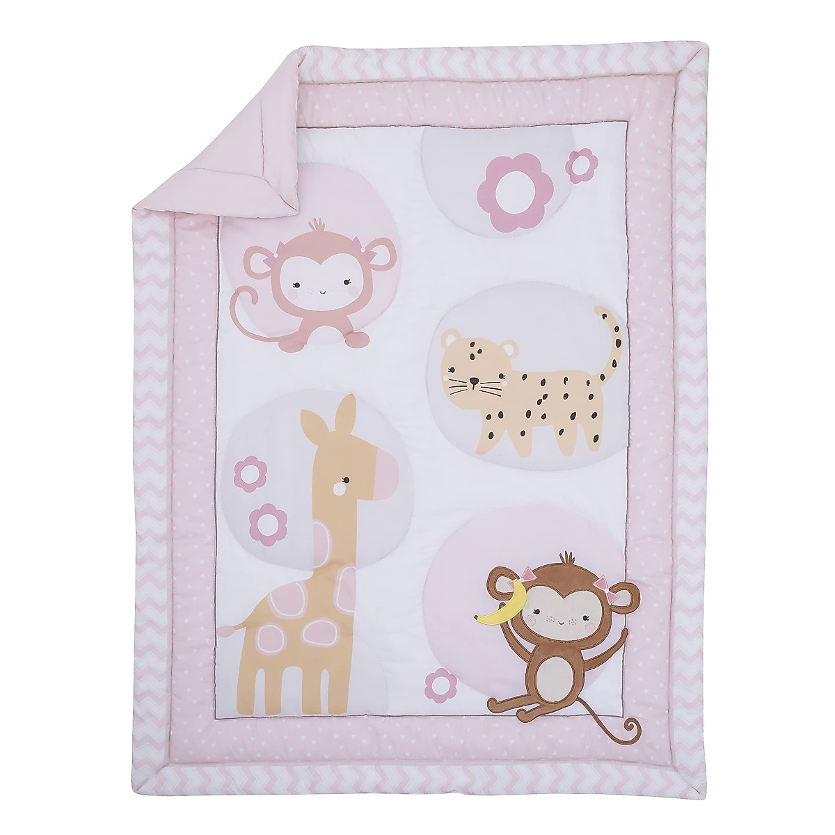 NoJo Little Love Sweet Jungle Friends Pink, White and Tan, Monkey, Cheetah and Giraffe with Polka dots and Flowers 3 Piece Nursery Crib Bedding Set - Comforter, Fitted Crib Sheet, and Crib Skirt