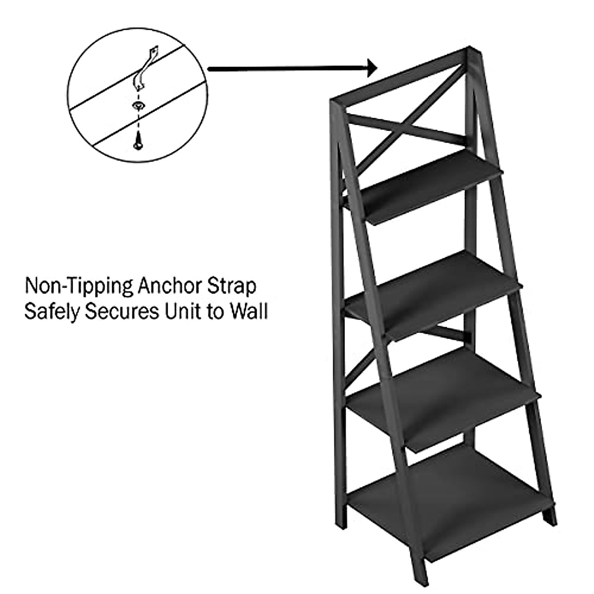 Lavish Home 4-Tier Ladder Bookshelf - Freestanding Shelved Bookcase with X-Back Frame and Leaning Look - Display Shelves for Home and Office (Gray)