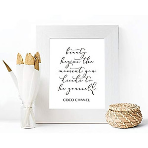 ‘Beauty Begins the Moment You Decide to be Yourself’ Coco Chanel Wall Art | 11x14 UNFRAMED Black and White Art Print | Contemporary, Positive, Inspirational, Famous Quotes, Encouraging Home Decor