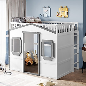 BOVZA Full Size Wood House Loft Bed with Ladder, Kids Playhouse Bed with Window for Girls Boys, White+Gray