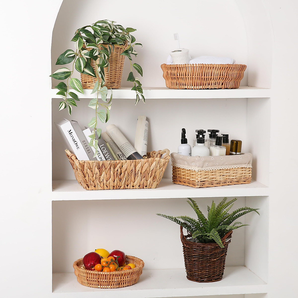 LONGERO Handcrafted Storage Basket, Wicker Round Bowl, Handwoven Shelf Basket, Natural Willow, 1 Pack, Large Size-Top Inner Ø ca 12.5''