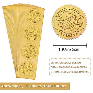 CRASPIRE 2" Embossed Certificate Seals You Make a Difference Self Adhesive Embossed Seals Gold Stickers 100pcs Medal Decoration Labels for Envelopes Diplomas Certificates Awards Graduation