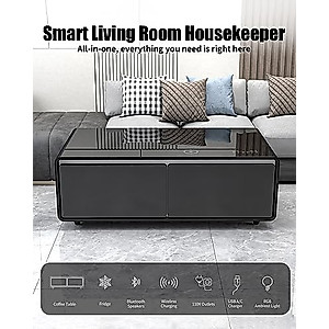 LIVTAB Smart Coffee Table, 27.8" D x 51" W x 18.1" H, Living Room Table with Built in Fridge and Speakers, Smart Table with 15W Wireless Charging, USB Chargers and 110V Outlets (Black)