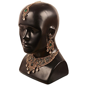 Touchstone New Indian Bollywood Desire Traditional Filigree Faux Green Emerald Color Exclusive Grand Bridal Jewelry Necklace Set in Antique Gold Tone for Women
