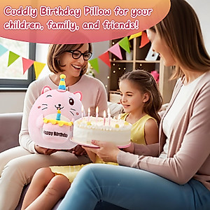 MILEGI 12’’ Happy Birthday Cake Cat Plush Pillow, Cat Stuffed Animal with Stereo Cake, Happy Birthday Plush Toy Cute Cat Plushie Doll, Home Room Decoration Pink Birthday Gifts for Girls Boys Kids