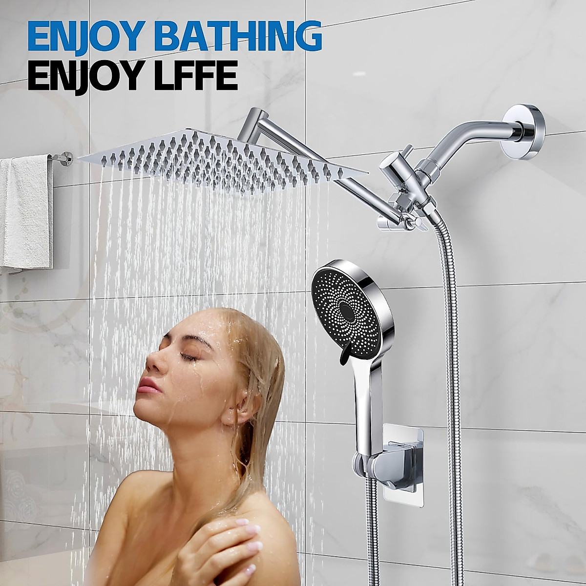 Shower Head,8”Rain Shower Head with Handheld Spray Combo with 11'' Angle Adjustable Extension Arm/Flow Regulator/Shower System,High Pressure Rainfall Shower Head Clean Bathroom,Chrome