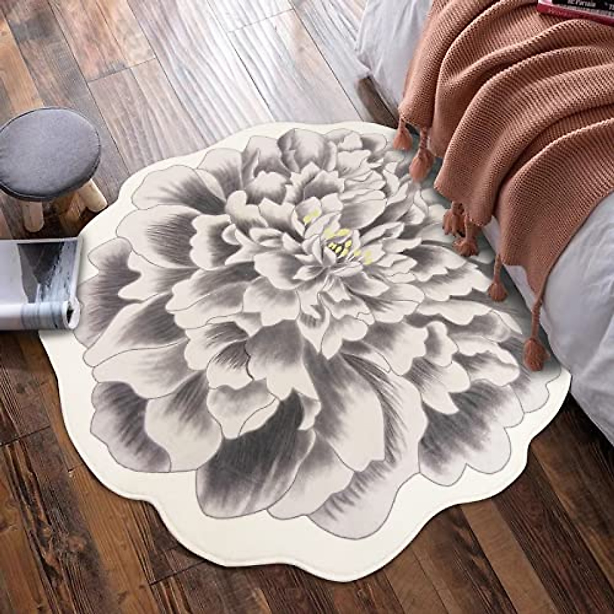 Lacomfy Modern Rug 4Ft Flower Rug Circle Bathroom Rug Floral Bedroom Carpet Round Rural Accent Rug Soft Peony Flower Farmhouse Floor Mat Laundry Mat for Indoor Home Decor Nonskid Washable Rug, Grey