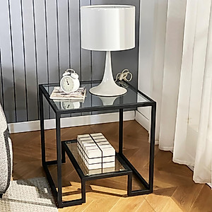 Black Metal Glass Coffee Table - Simple End Table for Living Room Home, Minimalist Metal Style Coffee Table with 2 Shelves, 21 inch Small Modern Side Table for Bedroom, Dinning Room,Office