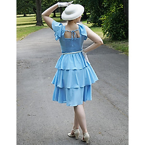 Short Sleeve Elegant Cocktail Party Dress 1950s Retro Square Neck Smocked Waist Tiered Layered Dress Light Blue XL