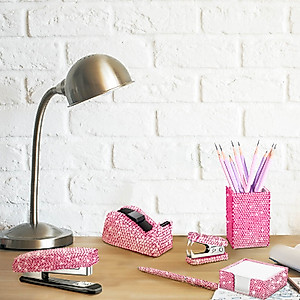10 Pcs Bling Office Accessories for Desk Bling Crystal Office Supplies Set Desk Accessory Kit Glitter Stapler Staple Remover Tape Dispenser Diamond Pen Scissors for Women Office Home Desk (Pink)