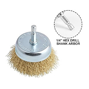 Gunpla 3" Wire Cup Brush with 1/4" Hex Shank Hardened Brass Steel Crimp Wheel Heavy Duty Wires Brushes for Metal, Removal of Rust Corrosion Paint