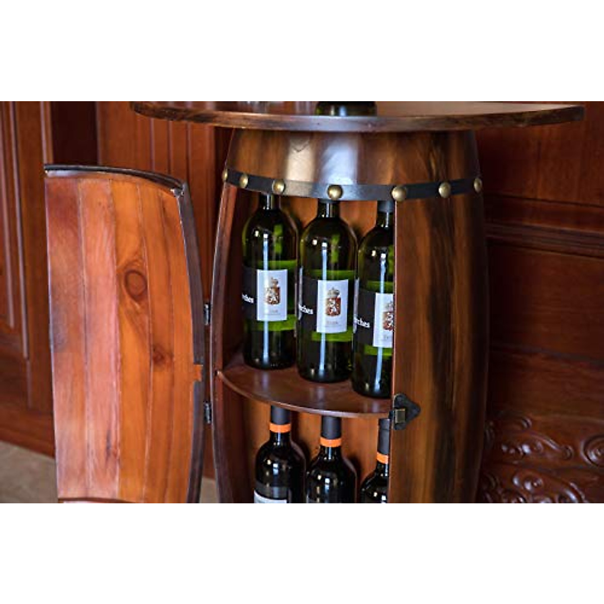 Vintiquewise Wooden Wine Barrel Console, Bar End Table Lockable Cabinet