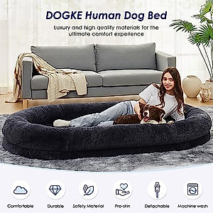 DOGKE Large Human Dog Bed, 260GSM Luxury Fur Human Size Dog Bed for People,Waterproof Washable Giant Dog Bed for Human,Human Dog Bed for People Adults and Pets, Present Soft Blanket(72"x48"x10",Grey)
