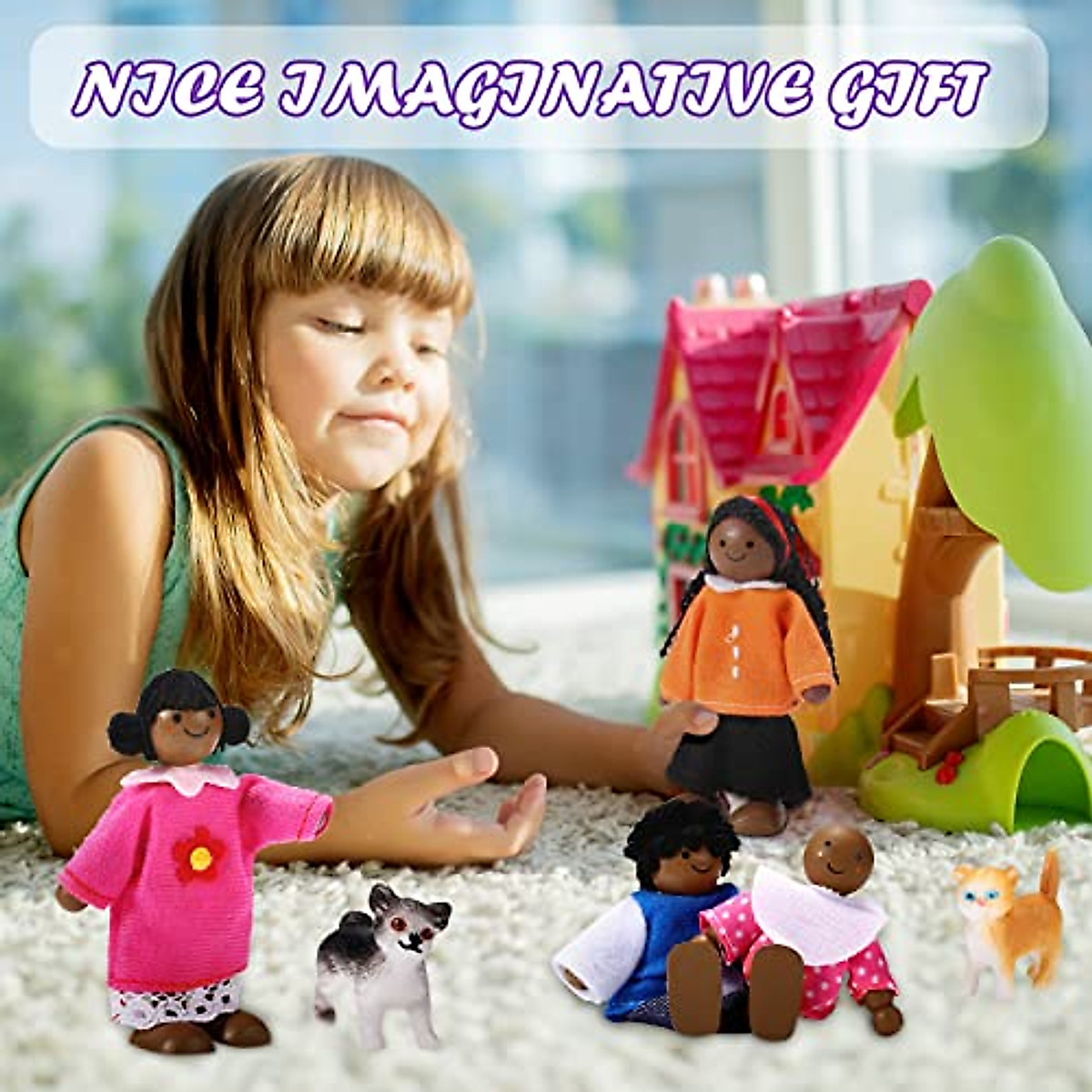 10 Pcs Wooden Dollhouse Family Set of 8 Mini People Figures and 2 Pets, Dollhouse Dolls Wooden Doll Family Pretend Play Figures Accessories for Pretend Dollhouse Toy (Cute Style)