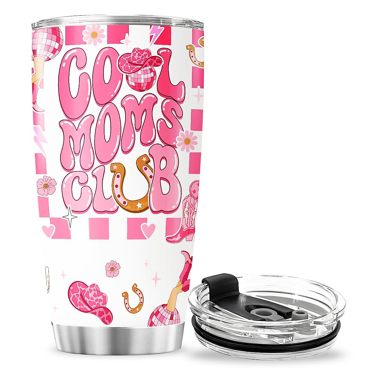 JENOIS Cool Moms Nutrition Facts, Tumbler 20 Oz With Lid And Straw, Mom Simply Checkered Simple Handle Stainless Women Water Funny Mama Day Steel Hot, Cool Moms Club Gifts