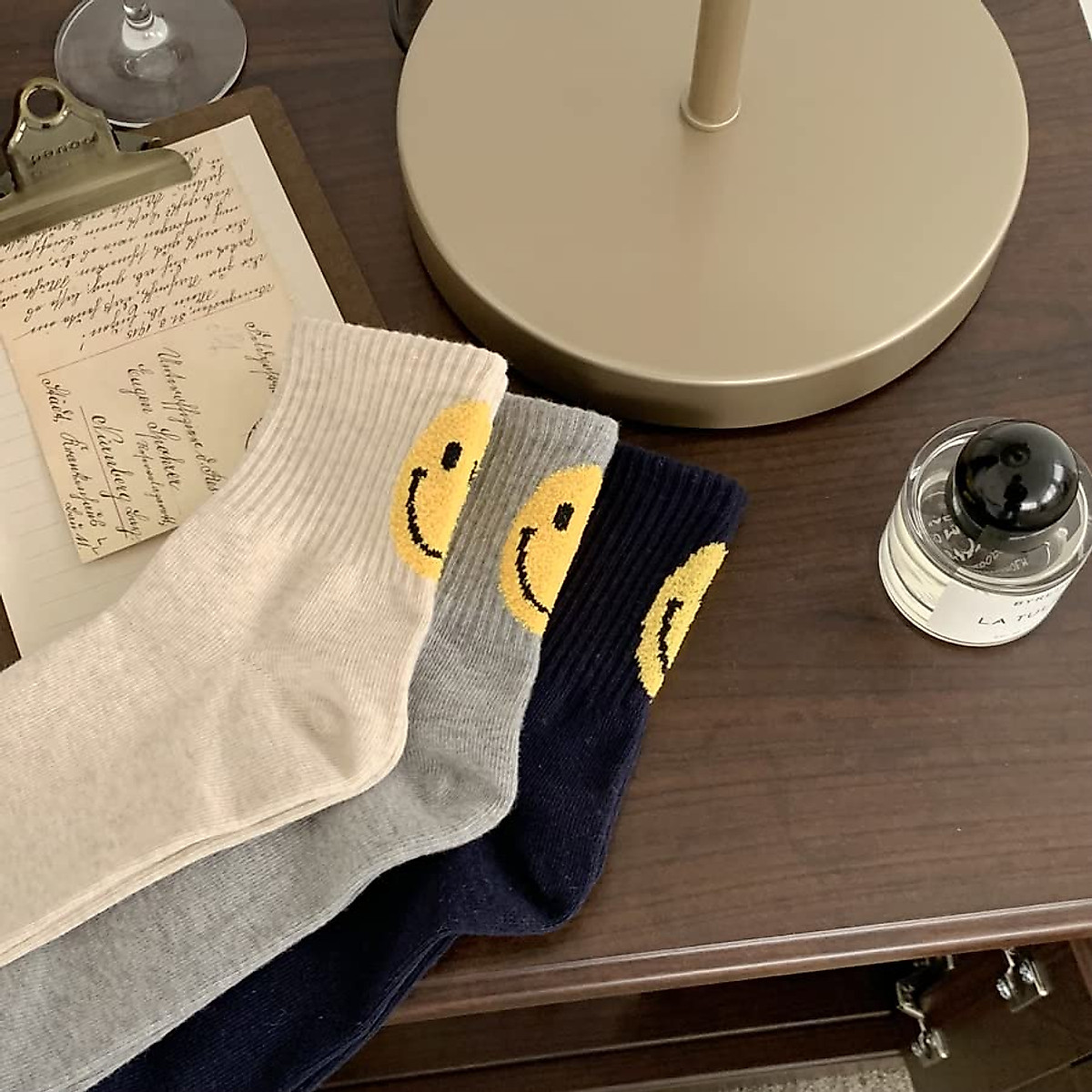 Saebyul 3Pairs Women Yellow Smiley Face Socks Cushioning Crew Soft 3 colors Packs Navy, Oatmeal, Gray