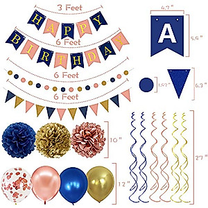 Navy Rose Gold Birthday Decorations - Paper Pom Poms Flower Happy Birthday Banner Circle Dots Garland Pennant Latex Balloons Birthday Decorations for Women Men Girls Navy Blue Rose Gold Party Supplies