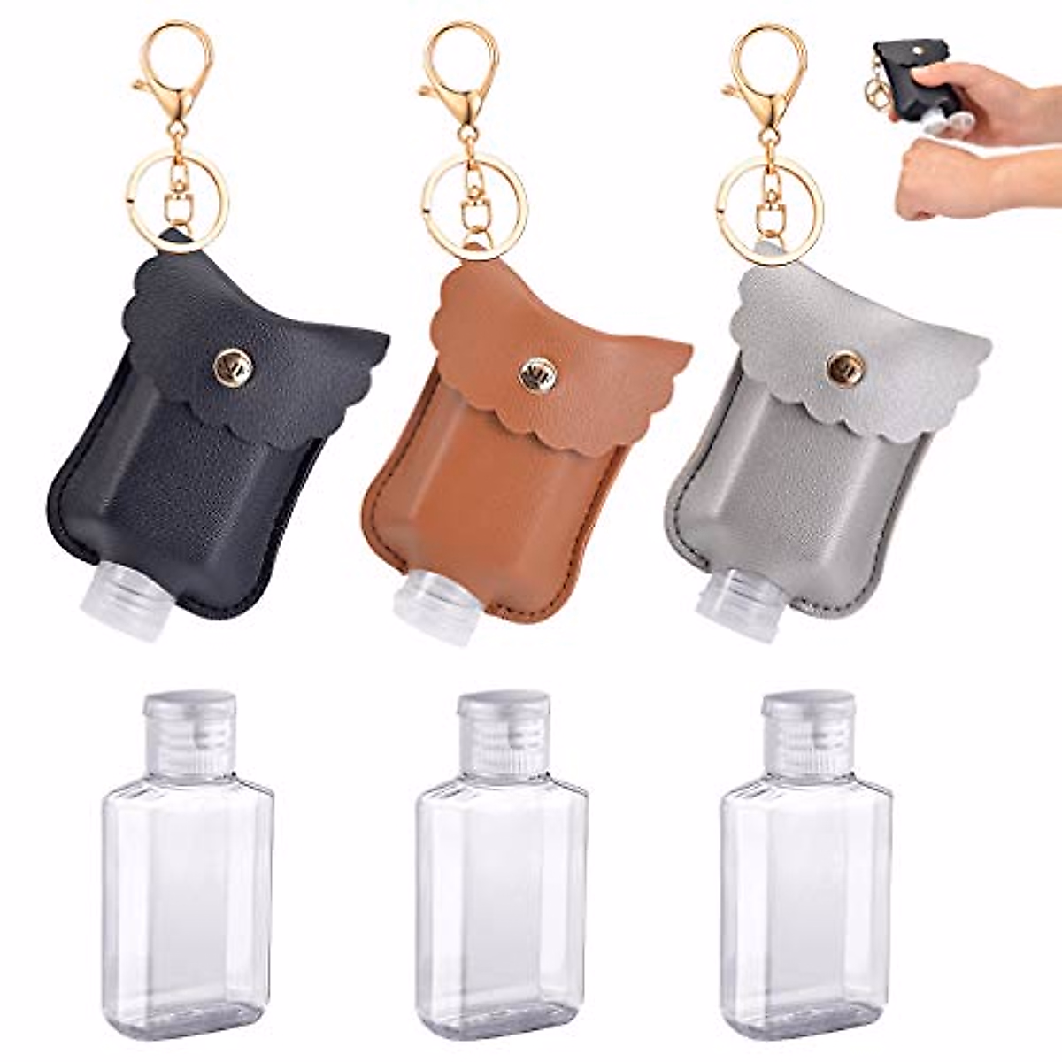 SANJINFON Portable Squeeze Bottles 2oz with Leather Case Keychain, Empty Travel Bottle Holder for Hand Sanitizer & Essential Oil, Refillable Bottle Clips to Diaper Bag, Travel Bag (Black&Brown&Silver)