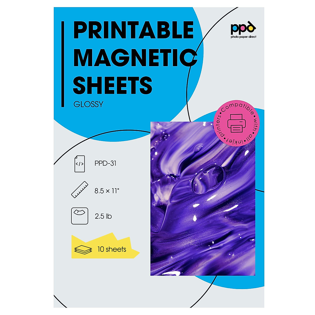 PPD 10 Sheets Printable Inkjet Magnetic Sheets Glossy Finish Premium 13mil Thick Photo Paper Quality, Instant Dry and Water-Resistant 8.5x11 (PPD-31-10)