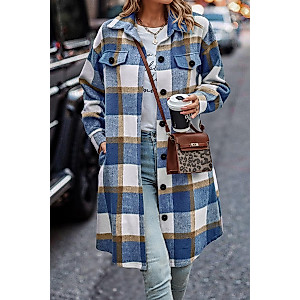 PRETTYGARDEN Women's Plaid Shacket 2025 Long Sleeve Button Up Flannel Shirt Winter Tartan Jacket Woolen Coats (Plaid Blue White,Medium)