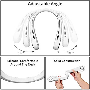 Justech Bladeless Neck Fan, USB Rechargeable Portable Neck Fan, Max. 6 Working Hours, 3 Speeds, Low Noise, Headphone Design, Hand-Free Neck Fan-White