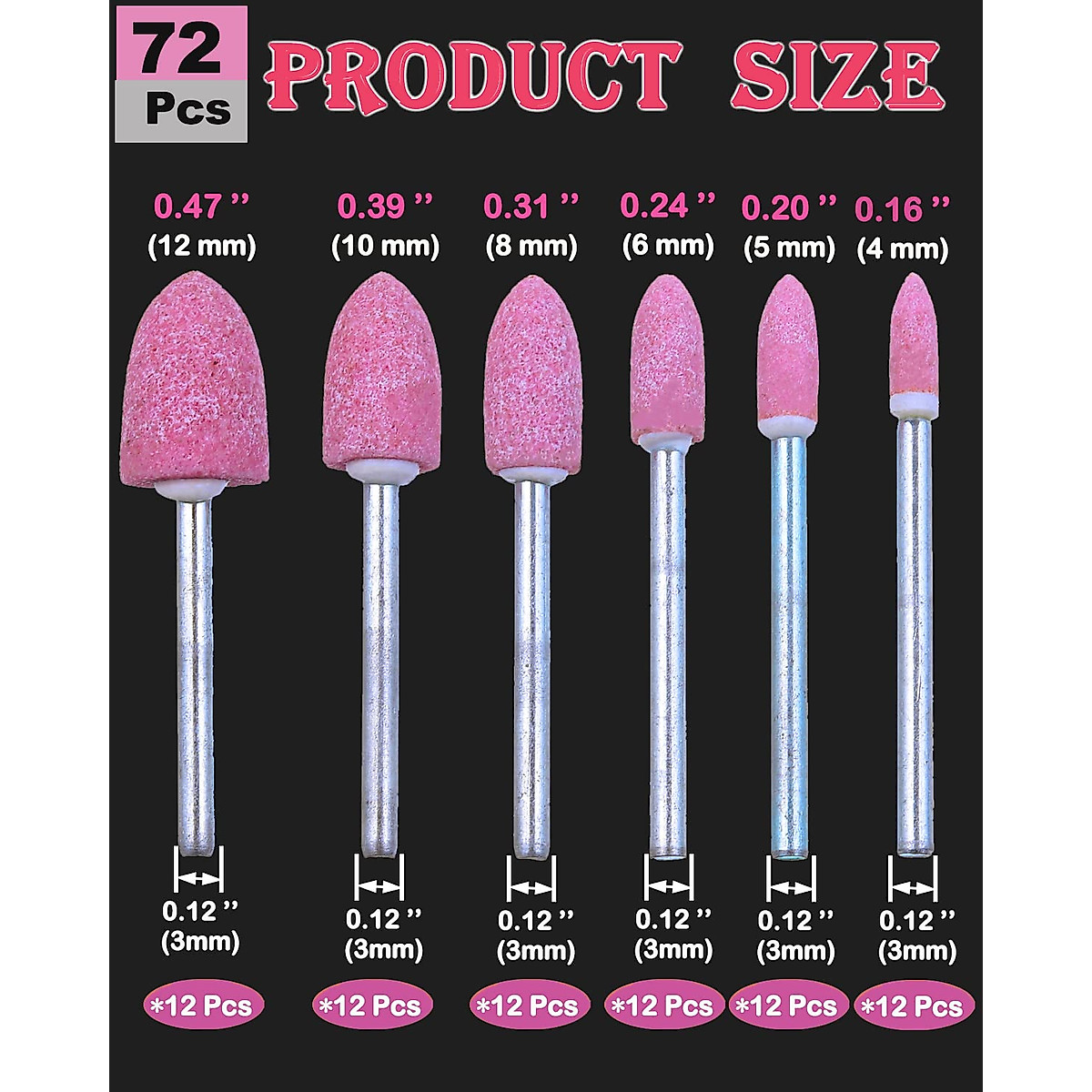 SHITIME 72 Pack Grinding Stone Set 1/8" Shank, Sanding Drill Bit for Rotary Tool Flap Wheel for Grinding, Polishing, Deburring Ferrous Metal(12/10/8/6/5/4mm Bullet Shape)