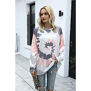 Famulily Women Tie Dye Long Sleeve Tshirt Crewneck T Shirts Long Sleeve Tops Summer Clothing(Grey,M)