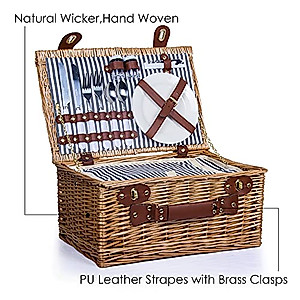 SatisInside Picnic Basket for 2 Wicker Picnic Set with Insulated Liner for Camping,Wedding,Valentine Day,Gift - Reinforced Handle, Grey Stripes