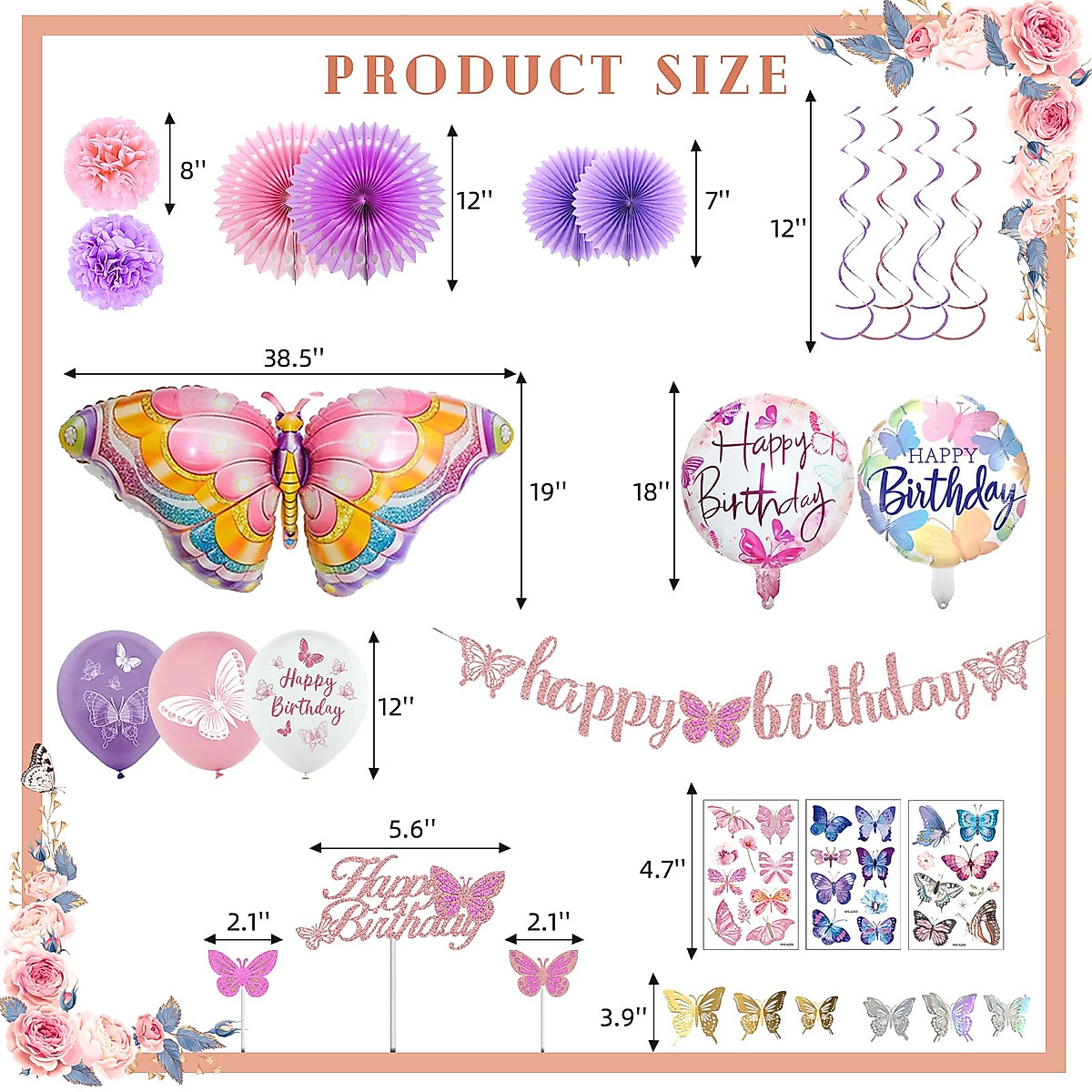 Butterfly Birthday Party Decorations Supplies, Pink & Purple Butterfly Birthday Decorations Include Paper Fans Foil Balloons Happy Birthday Banner Tattoos Wall Stickers Cake Toppers