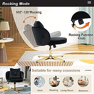 Mcltopz Velvet Office Chair Armless Desk Chair No Wheels, Modern Swivel Cute Vanity Chair with Gold Cross Legs, Ergonomic Mid Back Adjustable Wide Seat Computer Task Chair for Makeup Vanity Home Black
