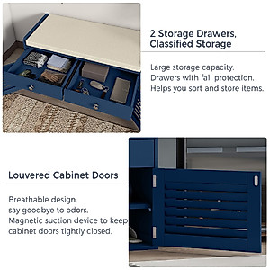 WARMHONIU Shoe Storage Bench with 2 Drawers & 2 Doors, Entryway Bench with Cushion, 2 Adjustable Shelves, Shoe Cabinet with Storage Space for Entryway, Living Room, Hallway, Mudroom, Bedroom, Blue