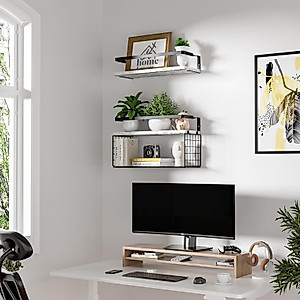 TARGETHOBBY HOBBYMATE Floating Shelves, Wall Mount Storage & Organizer Shelf with Metal Basket and Guardrail, Wall Decor Display Shelves - Rustic White