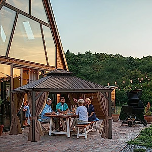 NANONYY 12’ X 12’ Hardtop Gazebo Sturdy Aluminum Construction with Galvanized Steel Double Roof Outdoor Gazebo for Patio, Lawn and Garden. Includes Curtains and Netting .Brown