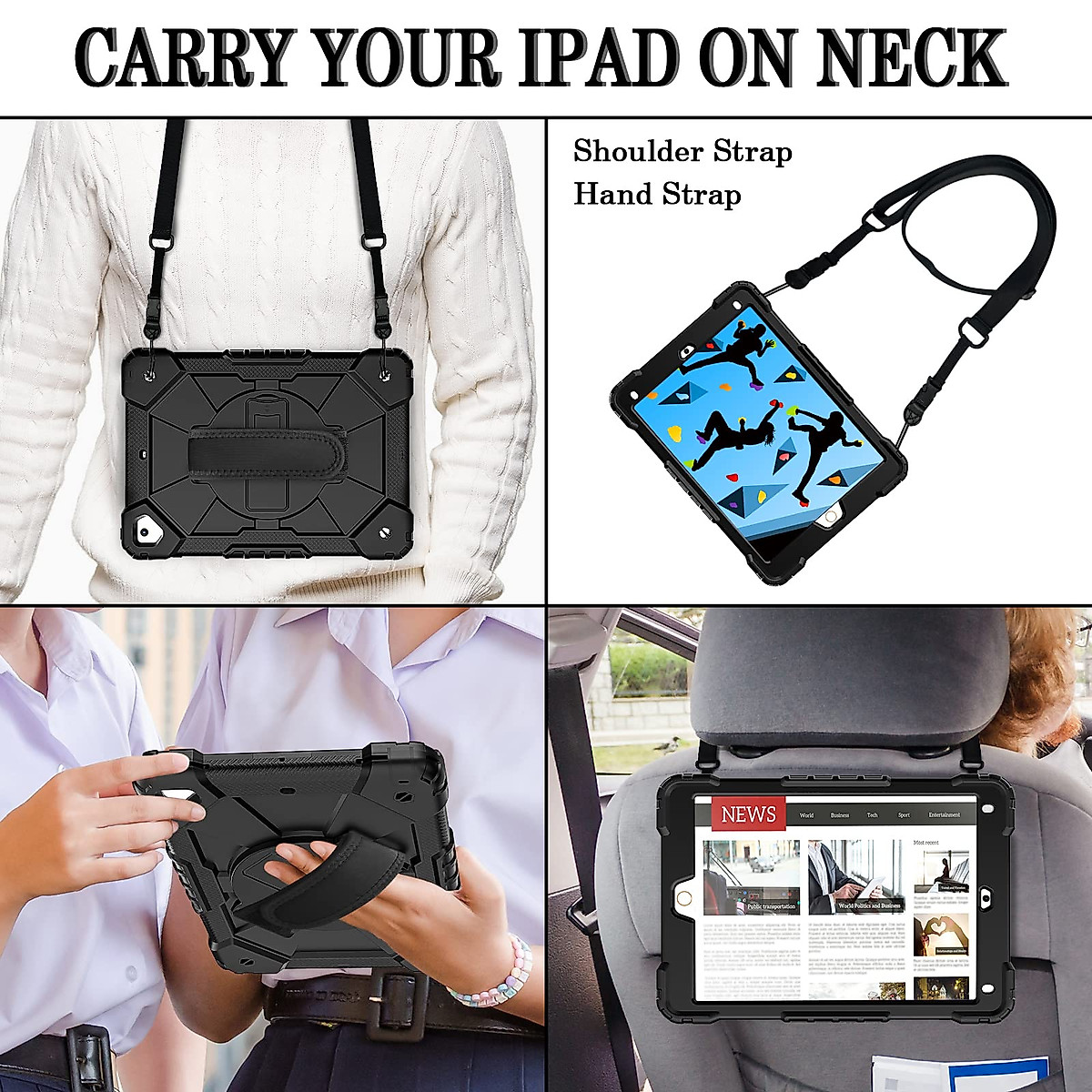 Nitupai Case for iPad 6th Generation Cases iPad 5th Generation Case iPad Pro 9.7 Case,Hybrid Shockproof Rugged Case Cover with 360°Rotatable Hand/Shoulder Strap & Stand for iPad Air 2 Case Black Blue