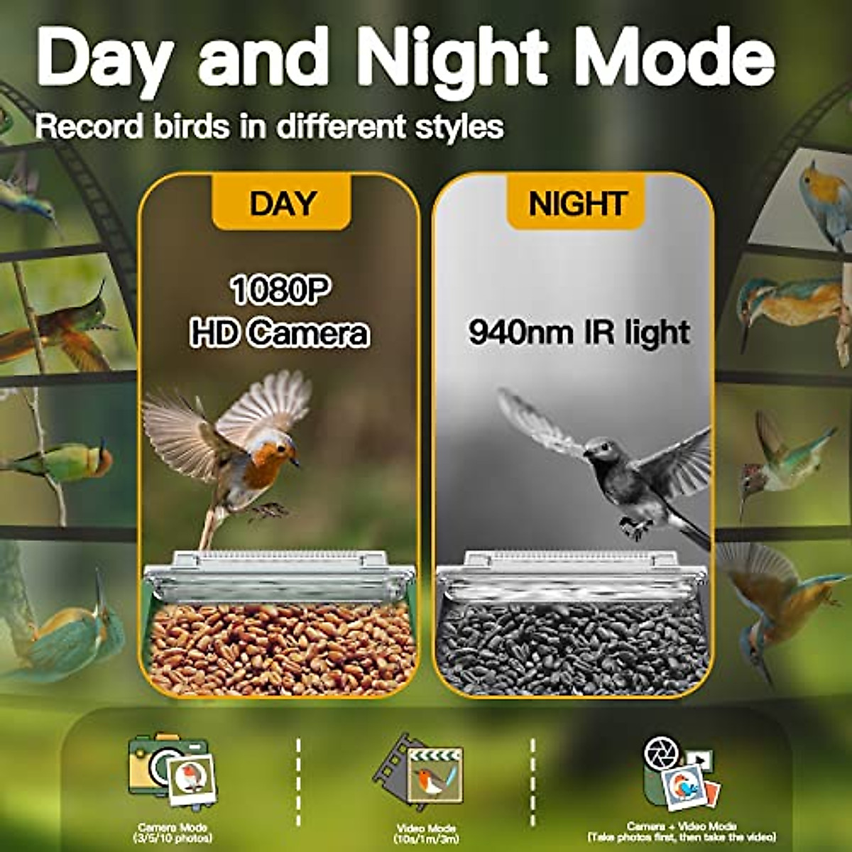 ESOXOFFORE Smart Bird Feeder with Camera,Hummingbird Feeder House with PIR Motion Detection 1080P Auto Capture Photo&Video,Night Vision,IP65 Waterproof Bird Watching Camera Gift -32G Card