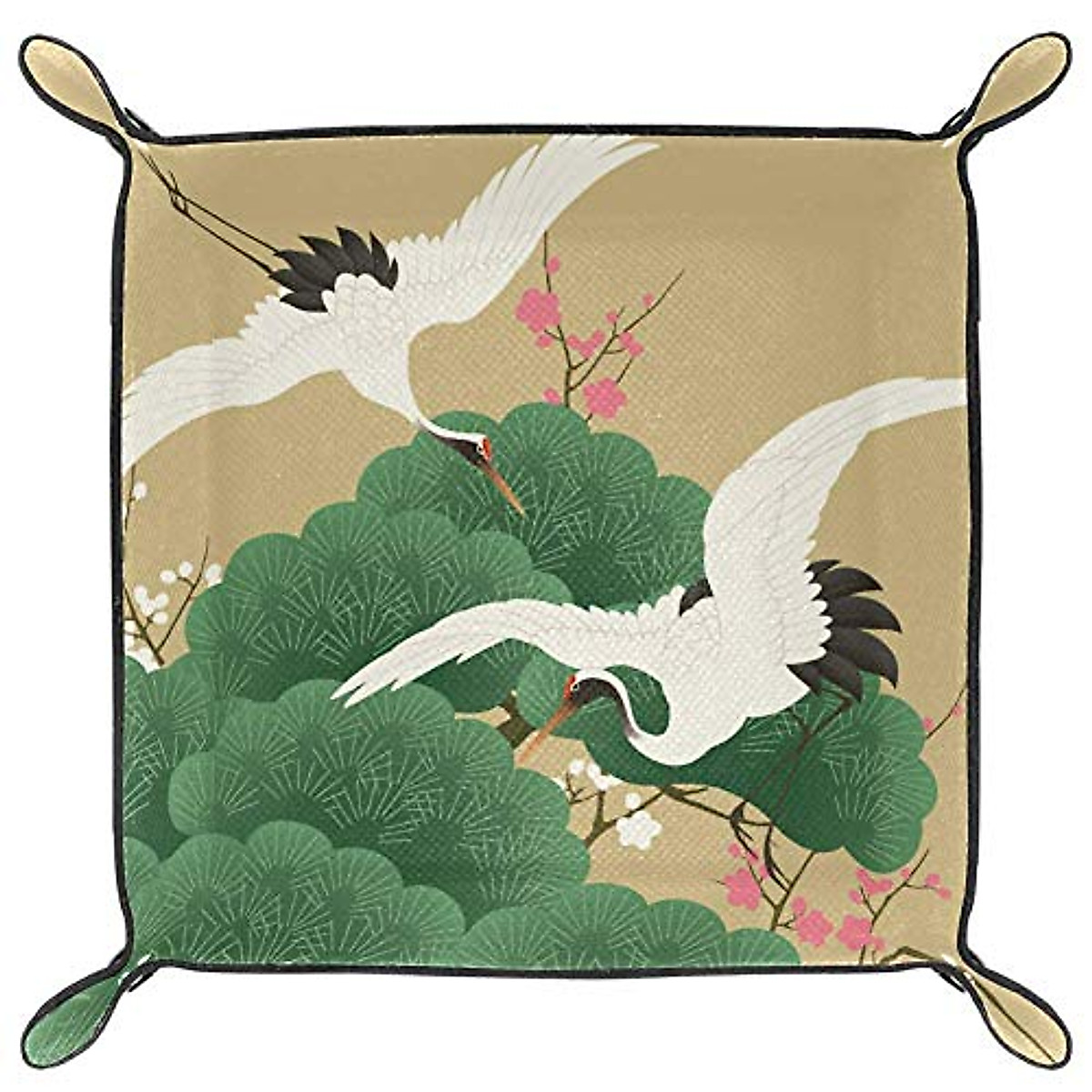 Lyetny Japanese Crane Birds Organizer Tray Storage Box Bedside Caddy for Men Key Wallet Watch and Coins Dice Holder,20.5x20.5cm