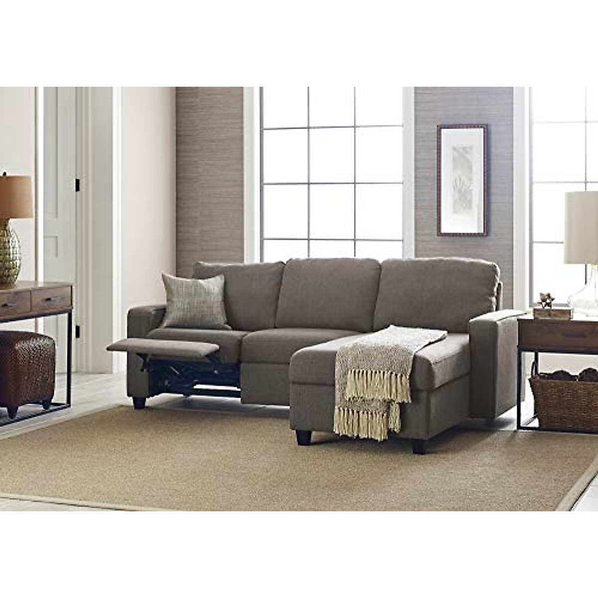 Serta Palisades Reclining Sectional Sofa with Right Storage Chaise, Small Couch with Built-In Storage, Low-Maintenance & Family-Friendly Fabric, Gray