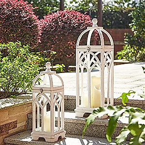 Glitzhome Farmhouse Decorative Lanterns Wooden Candle Lantern Church Window Frame Lanterns for Wedding Mantle Entryway Home Patio Balcony Garden, Pack of 2, Wash White, No Glass